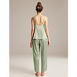 AW BRIDAL Satin Bride Bridesmaid Pajamas Set Silk Pjs Sleeveless Camisole with Pants 2 Pieces Sexy Sleepwear for Women Brides, Sage Green S