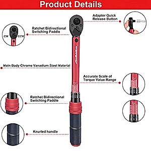 ATsafepro 3/8 Inch High Precision Torque Wrench, Red and Black, Chrome Vanadium Steel