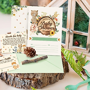 Woodland Baby Shower Invitations 20 Invitations With 20 Envelopes, 20 Diaper Raffle Cards, 20 Baby Shower Book Request Cards Forest theme Woodland creatures Bear Deer Rabbit Moose Owl Raccoon 20 Fill in Invites And Envelopes
