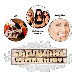 56 Pieces False Teeth, 2 Sets Whole Teeth Synthetic Polymer Denture Teeth, 22 Shade A3 Upper + Lower Dental Materials for Replacement, DIY, or Halloween