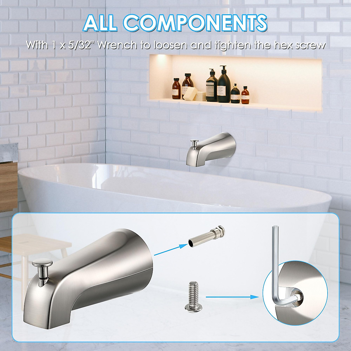 Enhon Slip On Diverter Tub Spout Compatible with Kohler GP85556, Bathroom Shower Bathtub Faucet Spout Replacement Fits 1/2'' Copper Water Tube, 5/32'' Hex Wrench Included (Brushed Nickel Color,1 Pack)