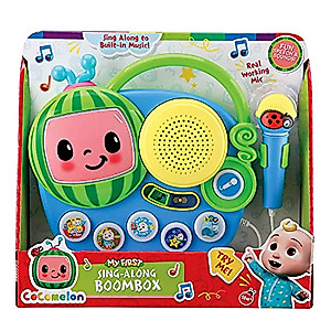 eKids Auxiliary Cocomelon Toy Singalong Boombox with Microphone for Toddlers, Built-in Music and Flashing Lights, Fans of Cocomelon Gifts