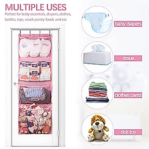 Stuffed Animal Storage, Over The Door Organizer Storage for Closet, Baby, Plush Toy, Stuffed Animal Holder with 4 Large Pockets, Hanging Door Organizer for Nursery, Bedroom, Bathroom, Kids Room (Pink)