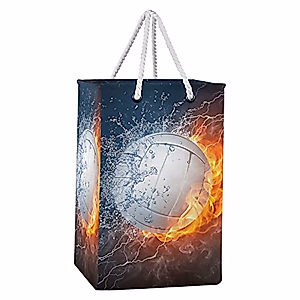 JUAMA Volleyball in Fire and Water Laundry Baskets Freestanding Laundry Hamper with Cotton Rope Handles Large Collapsible Waterproof Stotage Organizer for Nursey Toys Clothes Laundry Dorms