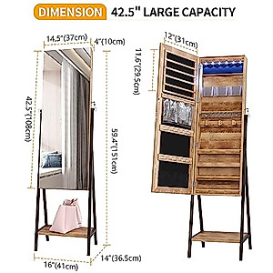 LVSOMT 6 LEDs Freestanding Jewelry Cabinet Armoire with Full-Length Floor Standing Mirror, Lockable Storage Organizer, Dressing Body Mirror, Large Capacity with Cosmetic Bags, Trays, Shelves (Wood)