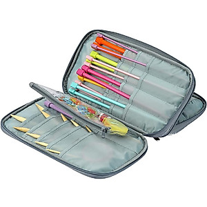Katech Empty Knitting Needles Case Portable Travel Crochet Hooks Case Zipper Storage Bag Organizer with Transparent Pocket and Holder Slots for Carrying Knitting Needles and Crochet Accessories (Grey)
