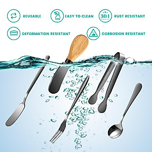 Charcuterie Board Accessories With 3 Oz Ceramic Dip Bowls, Wooden Handle Black Cheese Spreader Butter Knive Set Kit, Mini Tongs, Spoons, Forks,Honey Dipper, Cocktail Picks