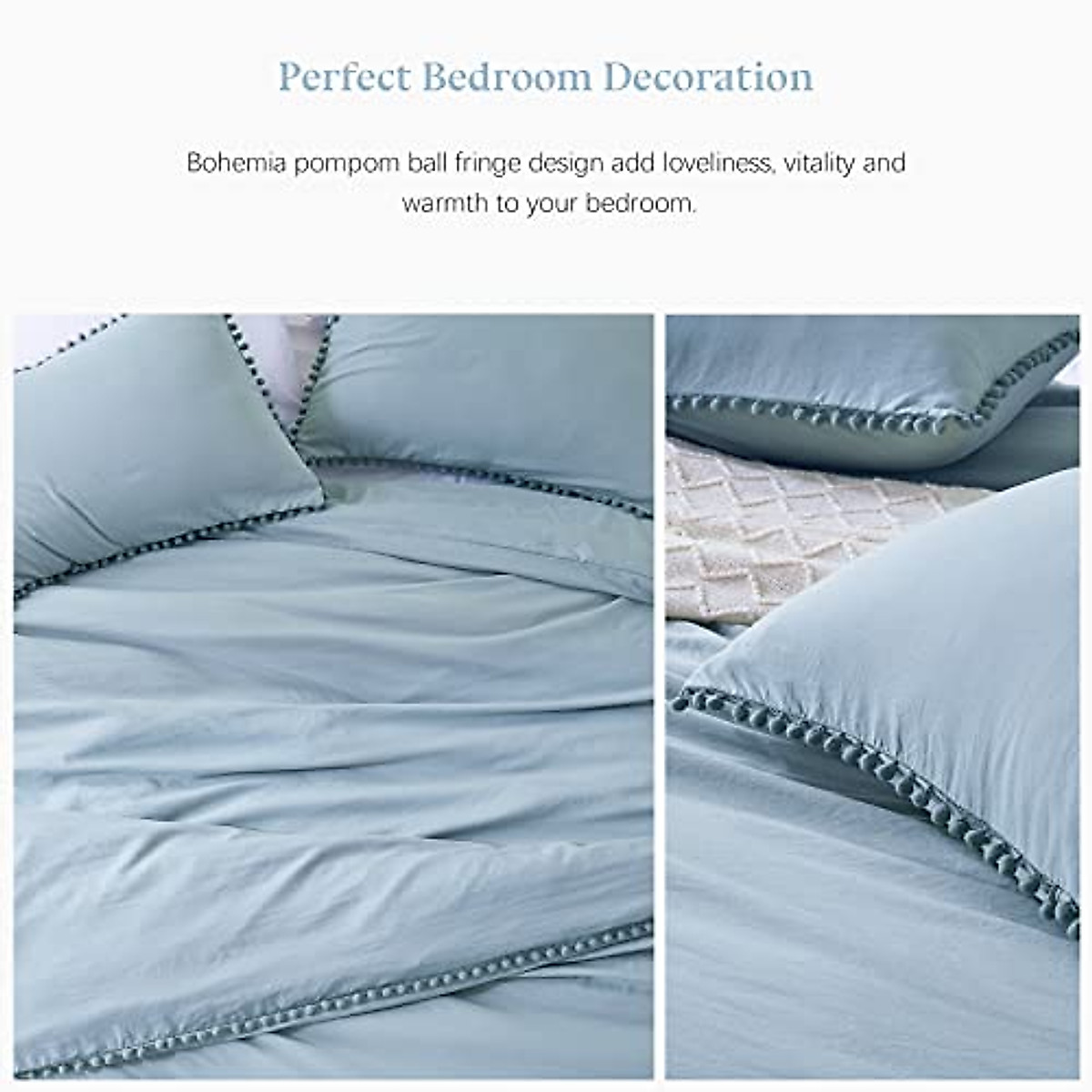 Newspin Duvet Cover Queen Size Pom Pom Fringe Blue,3Pcs Soft Breathable 100% Washed Microfiber Boho Bedding Duvet Cover Set with Zipper Closure,1 Duvet Cover(90"X90") and 2 Pillow Shams(No Comforter)
