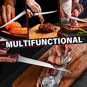 TAN REN 7 Inch Flexible Fishing Fillet Knife and 12 Inch Carving Knife with Sheath, Stainless Steel Brisket Slicing knife, Full Tang Ergonomic Fish Knife for Filleting, Deboning