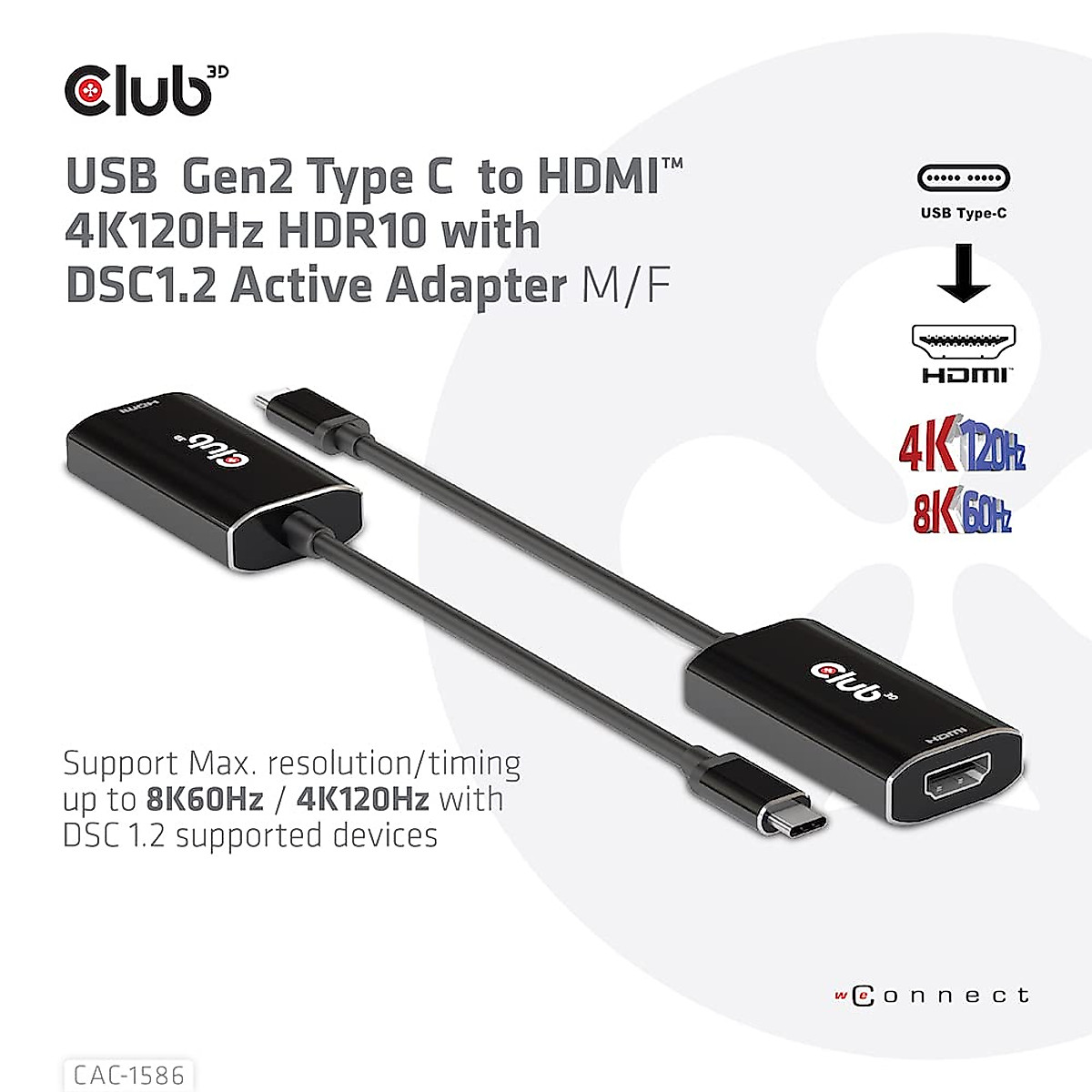 Club 3D USB Type-C to HDMI 4K 120Hz HDR10 with DSC 1.2 Active Adapter M/F CAC-1586