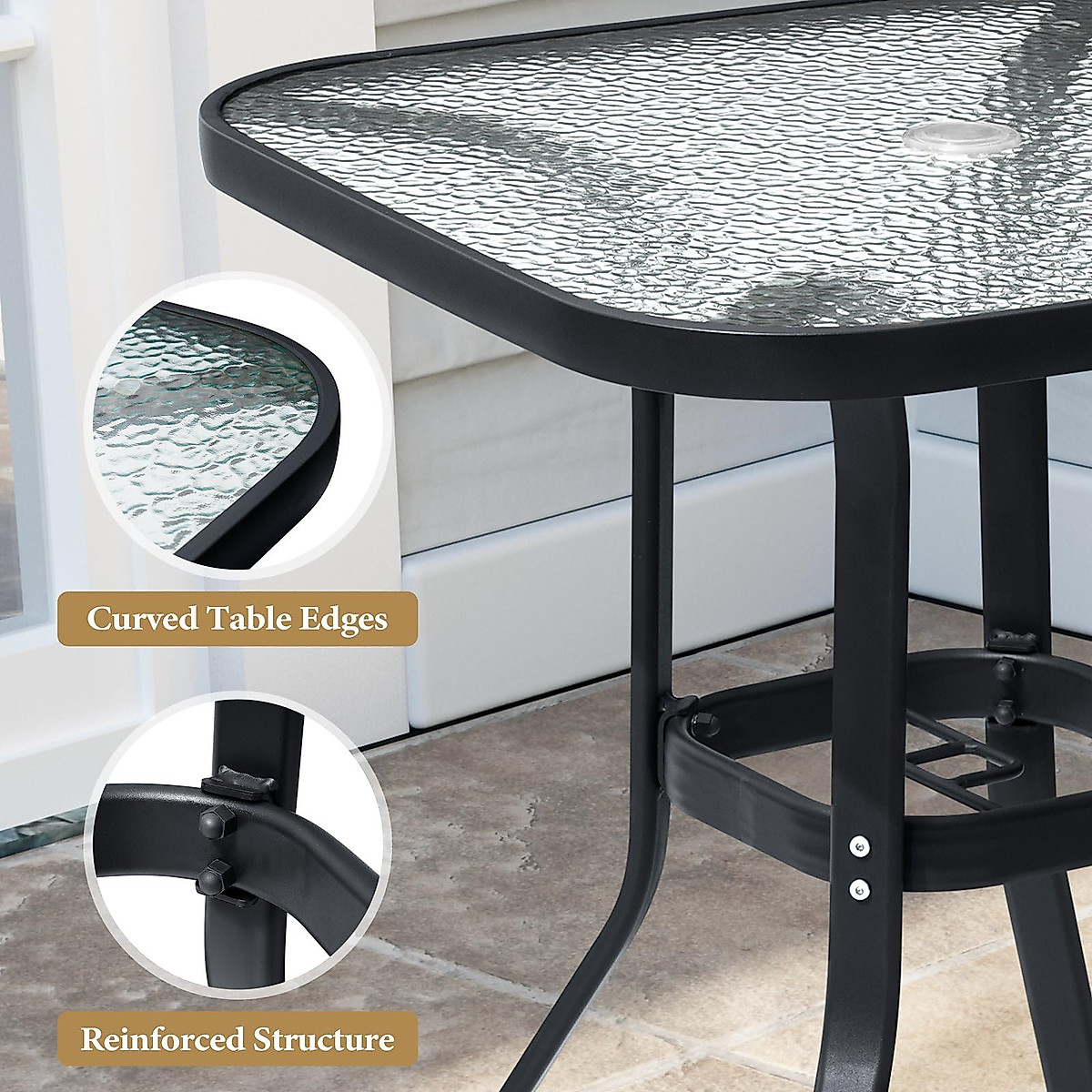 Crestlive Products Outdoor Bar Table with Umbrella Hole, Patio Dining Bistro Table with Aluminum Frame Tempered Glass Top, Outside Banquet Furniture for Garden, Pool, Deck, Lawn (Black)