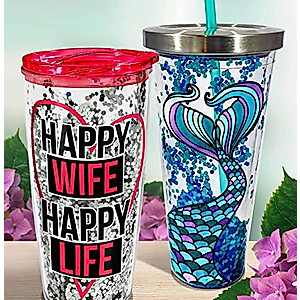 Spoontiques - Glitter Filled Acrylic Tumbler - Glitter Cup with Straw - 20 oz - Stainless Steel Locking Lid with Straw - Double Wall Insulated - BPA Free - Mermaid
