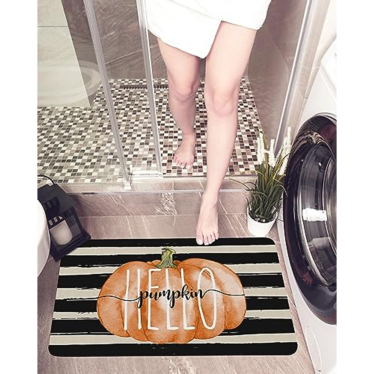 Stripes Pumpkins Bath Mat for Tub,Non Slip Bathroom Floor Runner Rug Quick Dry & Absorbent Diatomaceous Earth Kitchen Room Shower Sink Washable Doormat,Thanksgiving Fall Black White Geometry 16"x24"