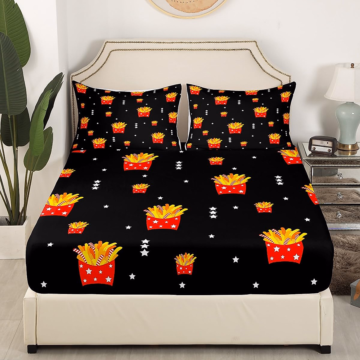 French Fries Print Fitted Sheet Full Size Snacks Bed Sheet Set for Boys Girls Teens Bedroom Decor Fried Food Print Bedding Set Women Men Star Print Bed Cover with 2 Pillow Case