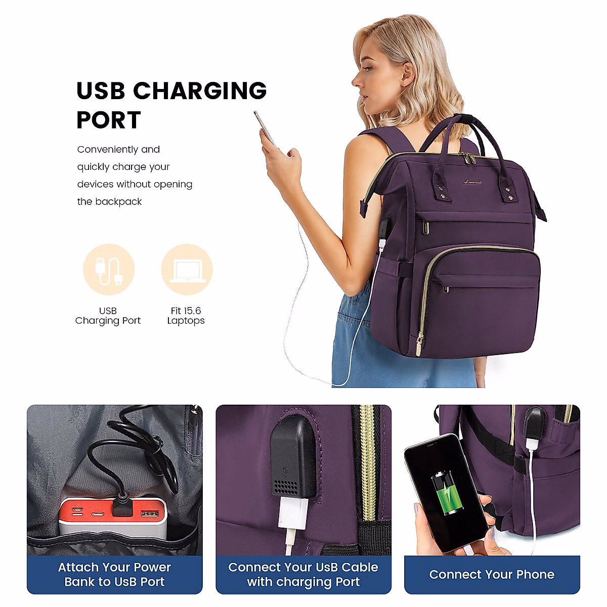 LOVEVOOK College Laptop Backpack, 15.6 Inch Travel Backpack for College, Waterproof Work Backpack Woman for Teacher Nurse Anti-theft Travel Back Pack, Gifts for Women,Dark Purple