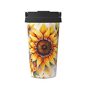 Yellow Sunflower in Oil Printed insulated coffee cup - leak-proof design, suitable for commuting, office and travel insulated cup,