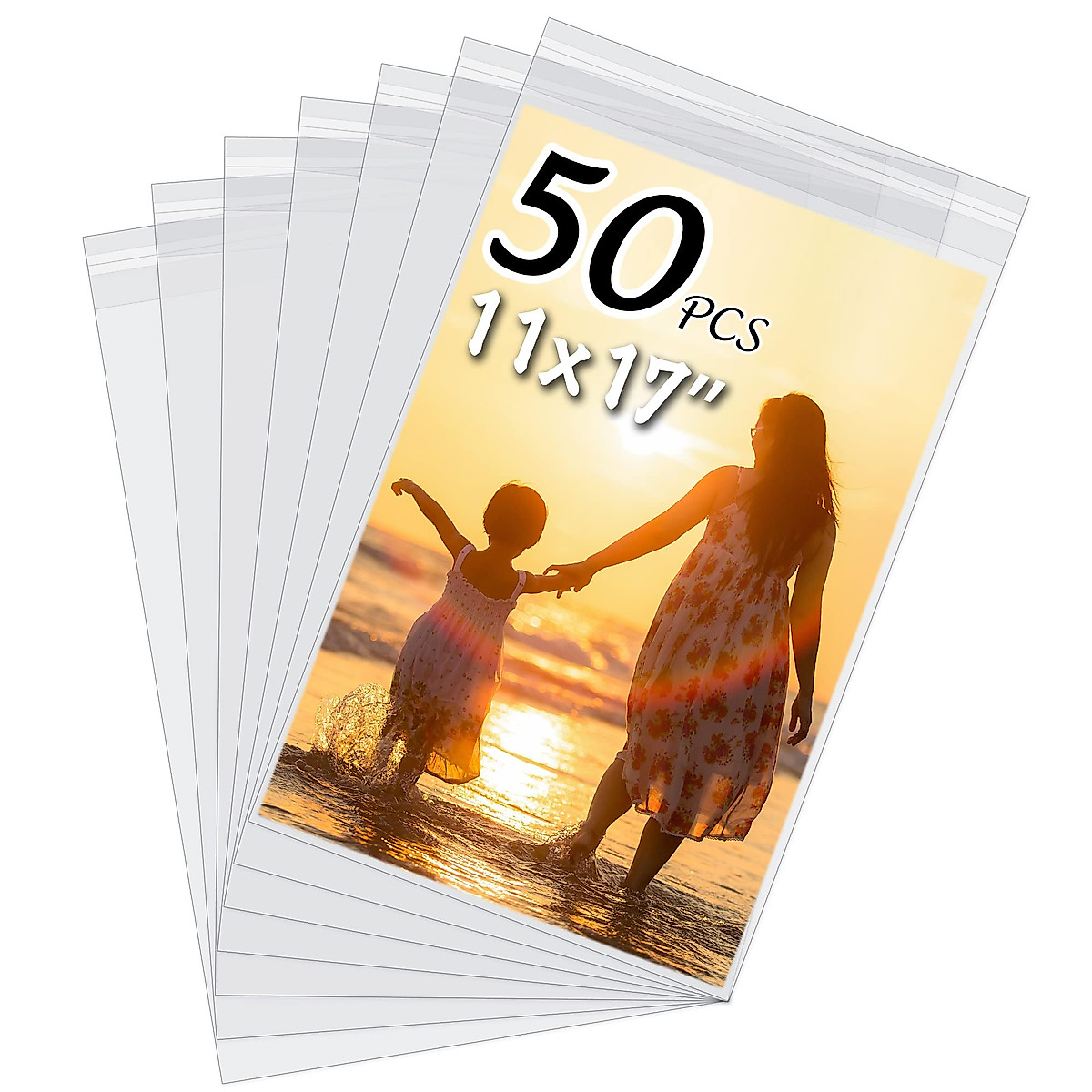50 Pack Acid-Free Crystal Clear Sleeves Storage Bags for 11x17 Art Prints/Pictures/Photos/Framing Mat Mattes (Bag Size: 11 3/7"x17 1/2")