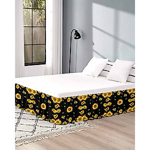 Sunflower Bee Bed Skirt King Size 16 Inch Drop, Adjustable & Elastic Wrap Around Bed Skirts Pleated Luxury Dust Ruffles for Twin Full Queen Cal King Base Bed, Rustic Spring Floral Flowers Black