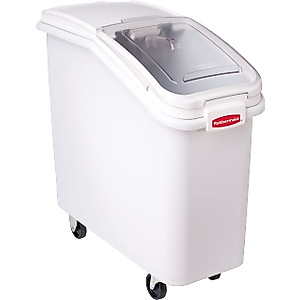 Rubbermaid Commercial Products ProSave Shelf-Storage Ingredient Bin With Scoop, 400-cup capacity, Plastic, White, Sliding Lid, Container with Wheels for Kitchen/Restaurant Food Organization