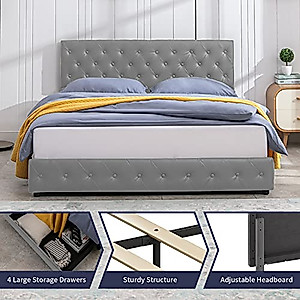 ZAFLY Upholstered California King Size Bed Frame with Tufted Headboard,PU Leather Platform Cal King Bed Frame with 4 Storage Drawers,Wooden Slats Support,No Box Spring Needed,Easy Assembly (Grey)