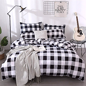 Farmhouse Buffalo Checked Bedding Set Black Gray White Plaid Comforter Cover Twin,Soft Lightweight Grid Bedspreads, 1 Lattice Duvet Cover , 1 Pillow Sham Modern Geometric Decor Grey Quilt,Zipper