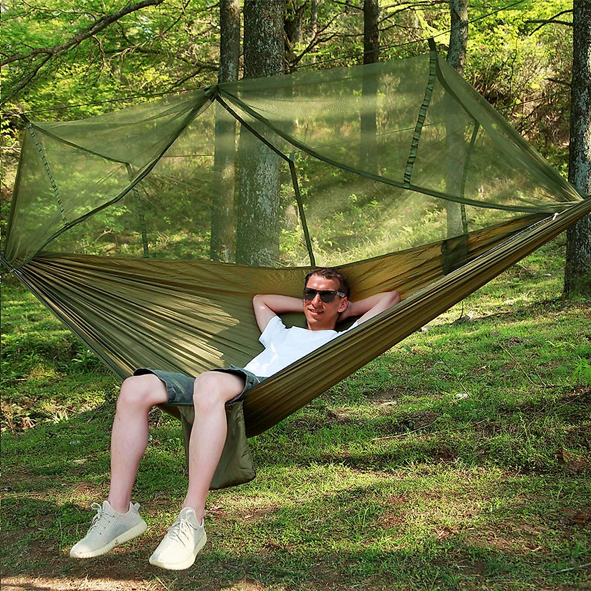 Camping Hammock 2 Person Hammocks with Net, Tent, Tree Straps Heavy Duty Waterproof Lightweight Nylon Portable Hammock for Hiking Outdoor Travel Beach Survival Backyard