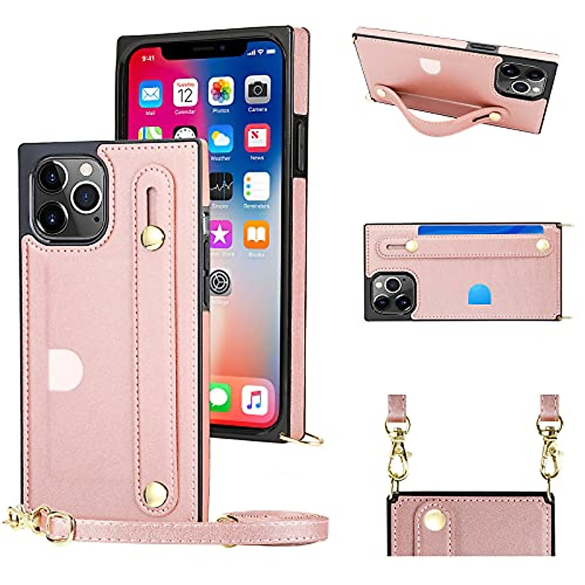KIHUWEY Compatible with iPhone 12 iPhone 12 Pro Crossbody Wallet Case with Credit Card Holder, Protective Kickstand Cover Case 6.1 Ihch (Rose Gold)