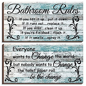 2 Pieces Wall Decor , Bathroom Rules Flower Wall Art, Funny Ocean Beach Farmhouse Toilet Rustic Wooden Signs (Chic Style)
