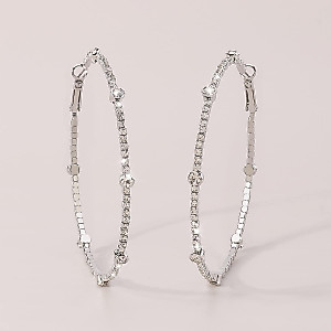 Jumwrit Big Rhinestone Hoop Earrings Large Round Circle Earrings Chain Dangle Earrings Sparkle Stud Earrings for Women Girls（Silver）