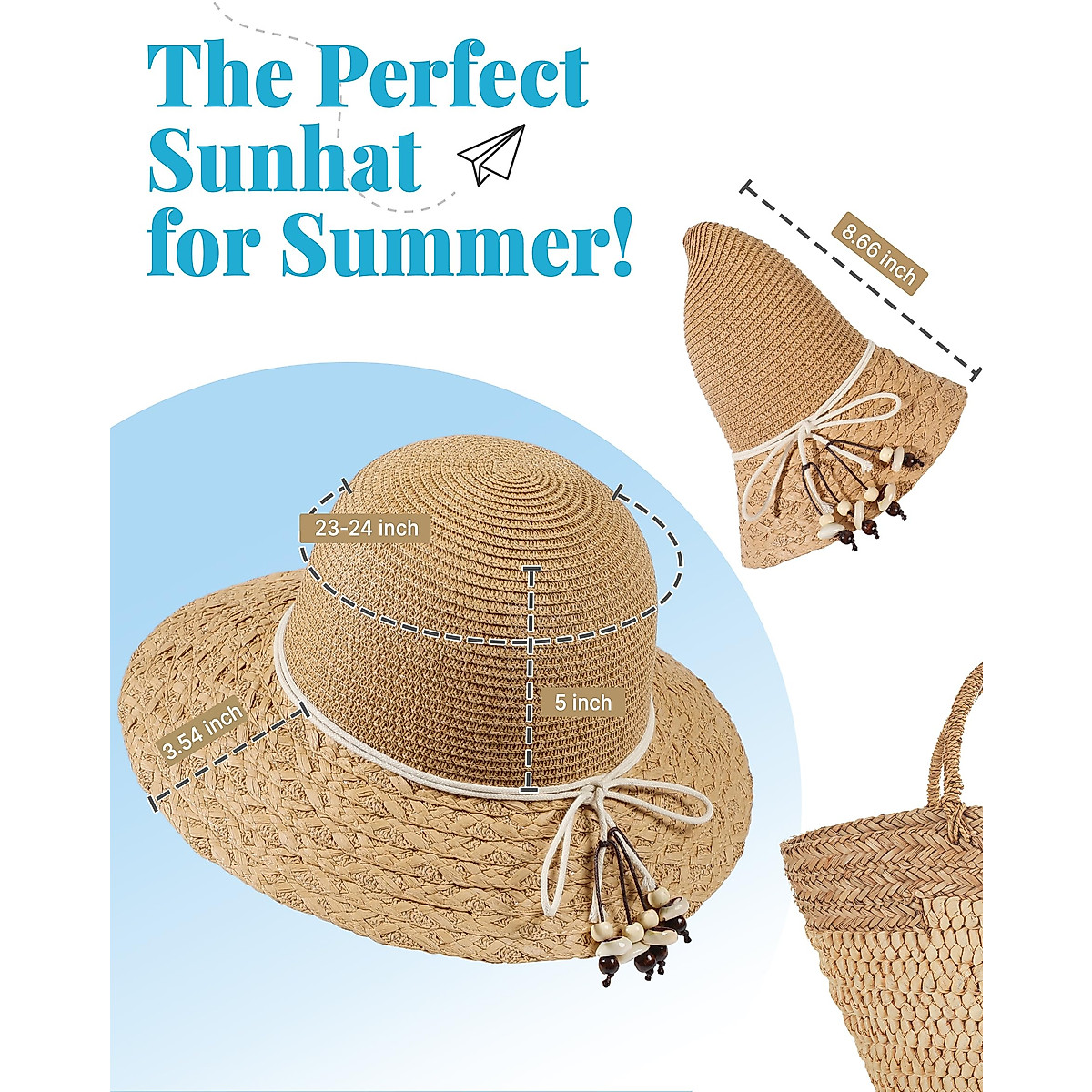 Beach Hats for Women, Beach Hat Womens UPF 50+, Straw Hat for Women Sun Hat Foldable Roll up Cap Khaki