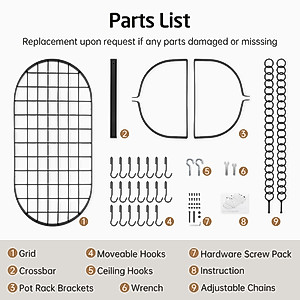KES Ceiling Pot Rack 34-Inch Hanging Pot Rack for Kitchen Oval Pot and Pan Rack Matte Black Pot Hanger with 20 S Hooks, KUR221S85-BK