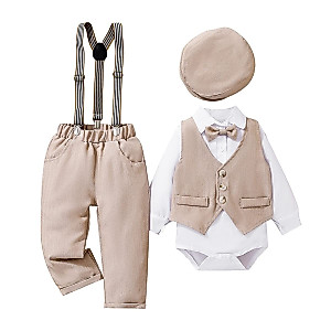 XIFAMNIY Baby Boys Gentleman Outfit 4Pcs Pants and Top Sets Newborn Long Sleeve Romper+ Hat + Vestcoat + Bow Tie 3-24M