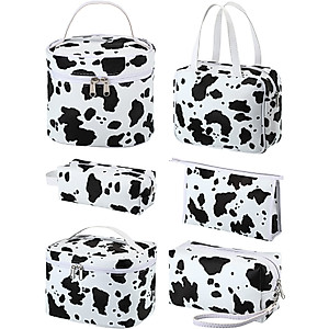 6 Pieces Makeup Bag Set Travel Cosmetic Bag Cow Print Makeup Bag Gifts for Women Bag Organizer with zipper Portable Makeup Case Cute Toiletry Bags Pouch Bags PU Leather Washable Waterproof