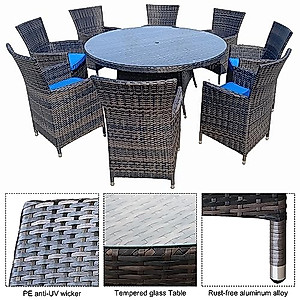 PATIOPTION 9 Piece Patio Set Outdoor Wicker Patio Furniture Sets Modern Bistro Set PE Rattan Chair Conversation Dining Sets (Round Table with 8 Seater) - Blue Cushion