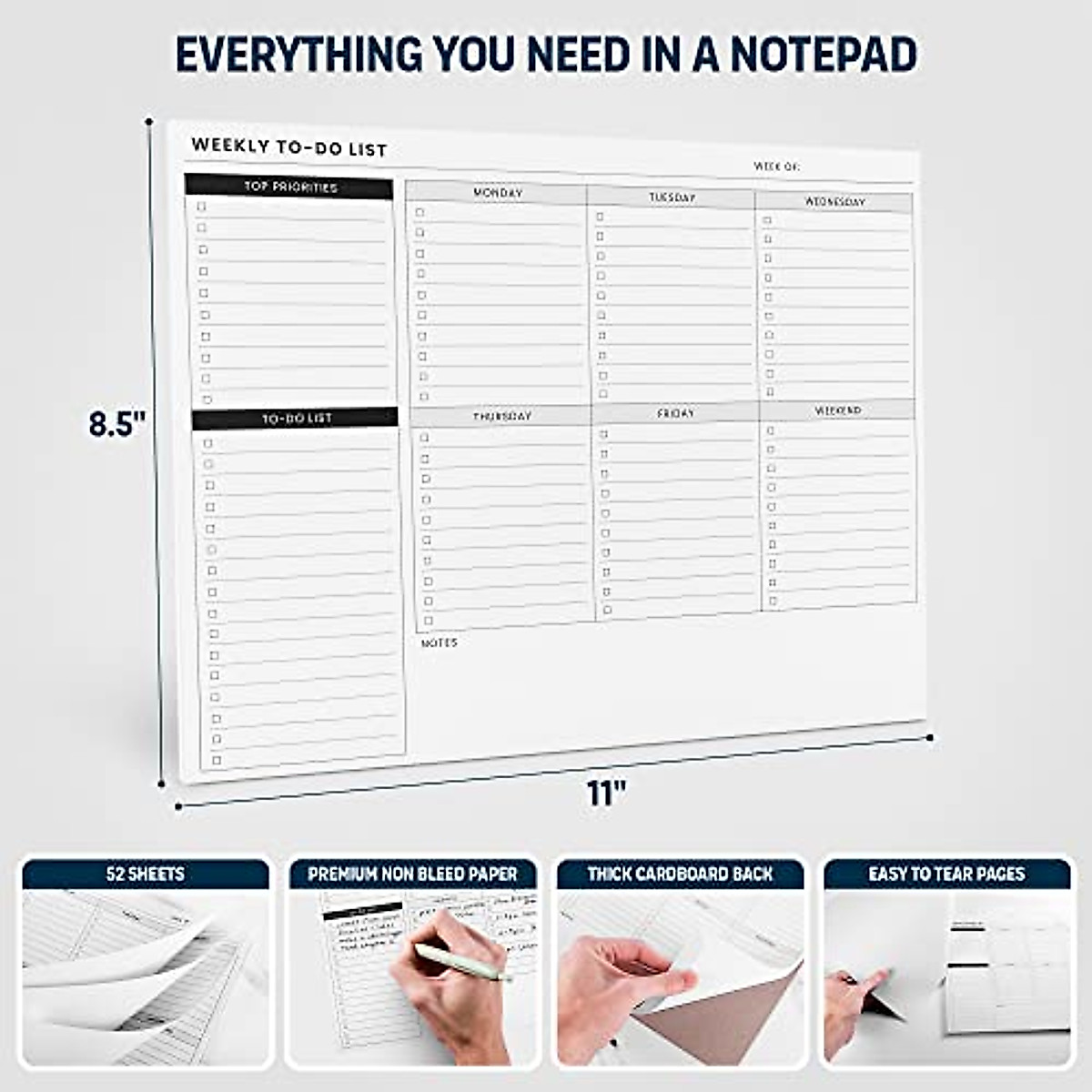 Weekly Planner Pad: To Do List Desk Notepad with Multiple Sections - 8.5x11" 52 Sheets - Undated Tear Off Notebook Calendar - Habit Planning Tracker, Task Goal Checklist Organizer - Agenda Plan Pad