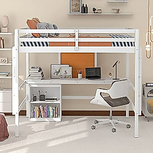 Lifeand Full Size Loft Bed with Desk and Writing Board, Wooden Loft Bed with Desk & 2 Drawers Cabinet,White