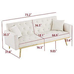 DNChuan Velvet Futon Sofa Bed,3 Seater/Plus-Loveseat Sleeper Sofa,Button Tufted with 2 Pillows and Gold Metal Legs, Easy Assembly-Off White