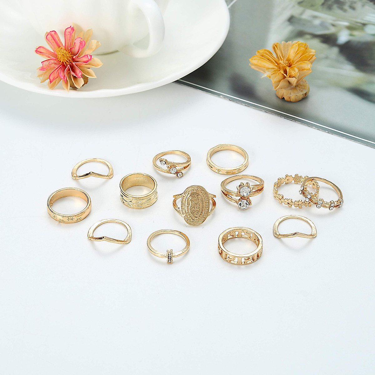 Edary Vintage Ring Set Carved Knuckle Rings Crystal Rings Set Gold Stackable Rings Midi Rings Finger Jewelry for Women(13PCS)