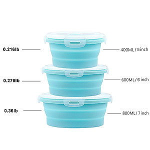 Collapsible Bowls, GLE2016 Silicone Collapsible Food Storage Containers with Lids for Camping, Round Silicone Lunch Containers, Microwave, Dishwasher and Freezer Safe (3, Blue)