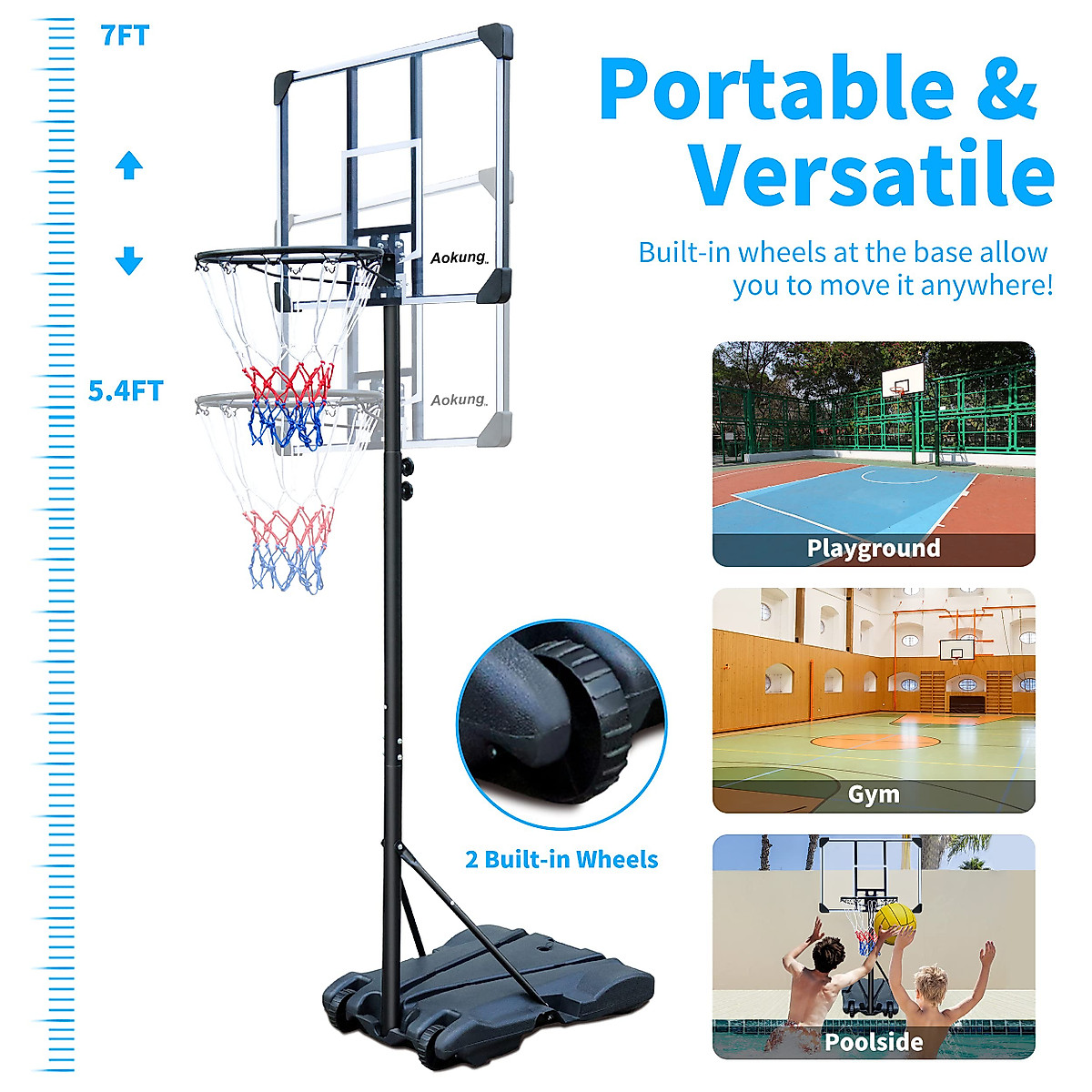 aokung Portable Basketball Hoop Stand w/Wheels for Kids Youth Adjustable Height 5.4ft - 7ft Use for Indoor Outdoor and Poor Basketball Goals Play Set