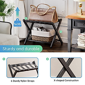 SMIBUY Luggage Rack, Foldable Bamboo Suitcase Stand with Storage Shelf for Guest Room, Bedroom, Hotel, Heavy-Duty, 1 Pack (Black)