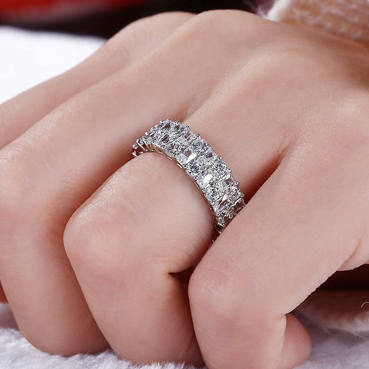 Jeulia Round Cut Sterling Silver Eternity Ring for Women All-Around Band Stacking Ring Set Diamond Engagement Wedding Band Ring with Jewelry Gift Box (White, 7)