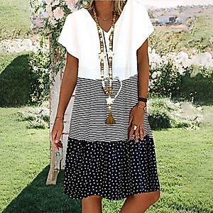 LFEOOST Dresses for Women 2023 Wedding Guest Summer V Neck Short Sleeve Belted Ruffle Hem A-Line Polka Dot Boho Maxi Dress