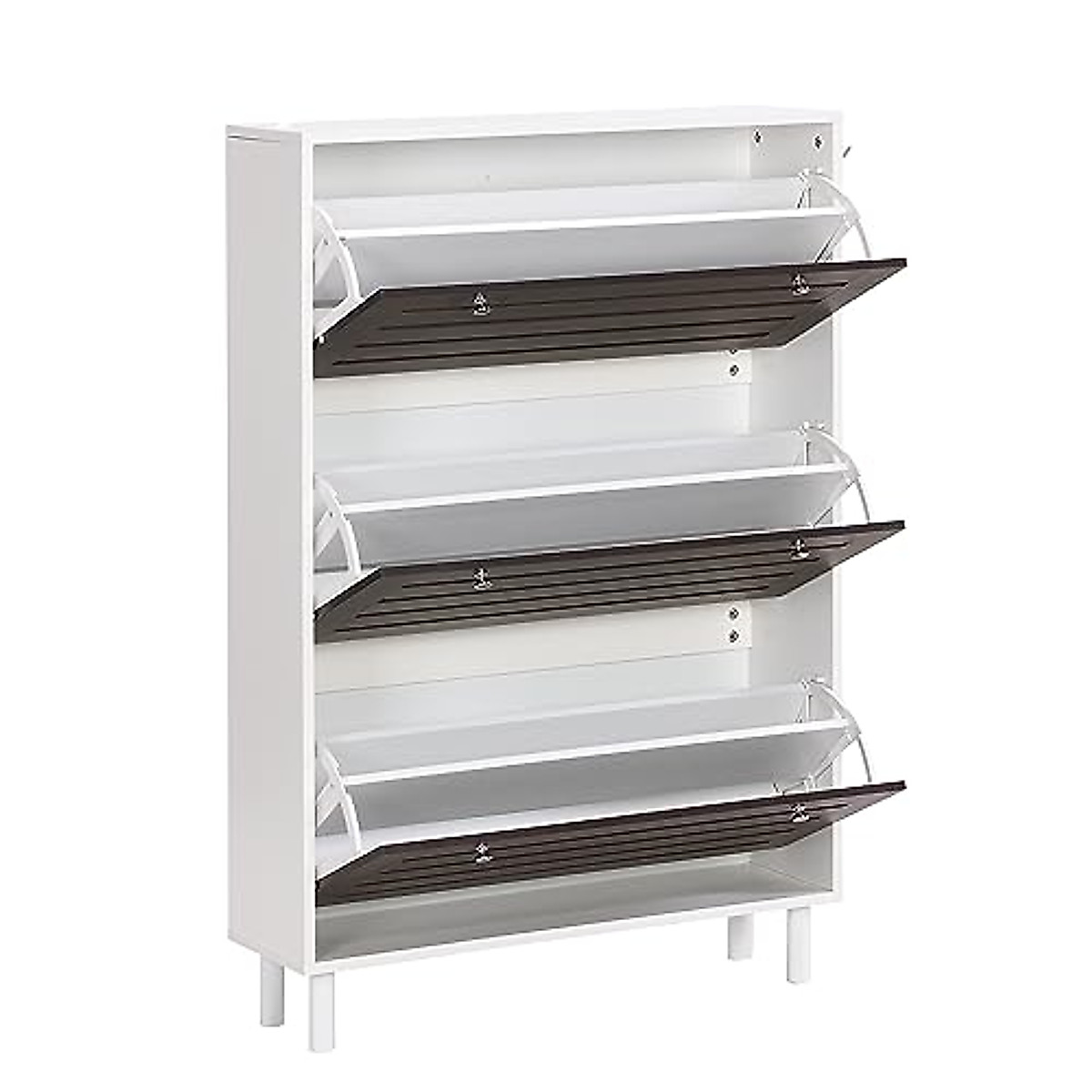 Narrow Shoe Cabinet with 3 Flip Drawers for 24 Pairs Shoes, Natural Wood Top Entryway Organizer with 3 Hooks, Free Standing Shoe Rack with Adjustable Panel for Hallway, 31.5''x9.4''x47.6'',White&Brown