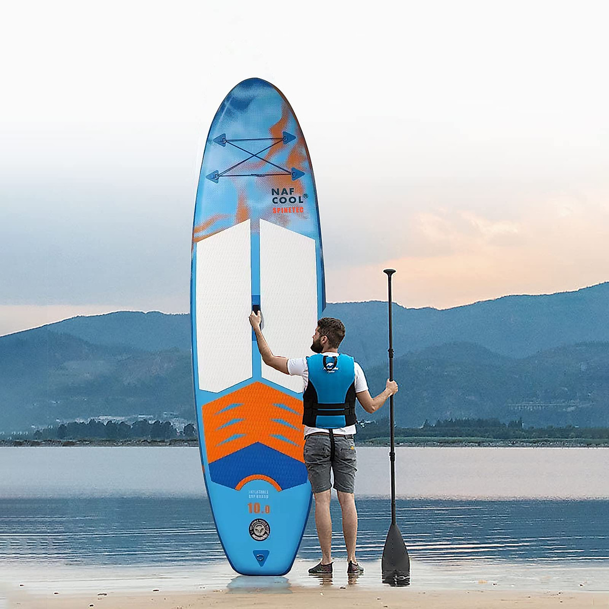 NAFCOOL Inflatable Stand Up Paddle Board,10'4"×32"×6" Surfing Standing Paddle Board with SUP Accessories & Backpack, Non-Slip Deck,Removable Fins,Leash,Paddle,Hand Pump for Youth & Adult(Sky Blue)