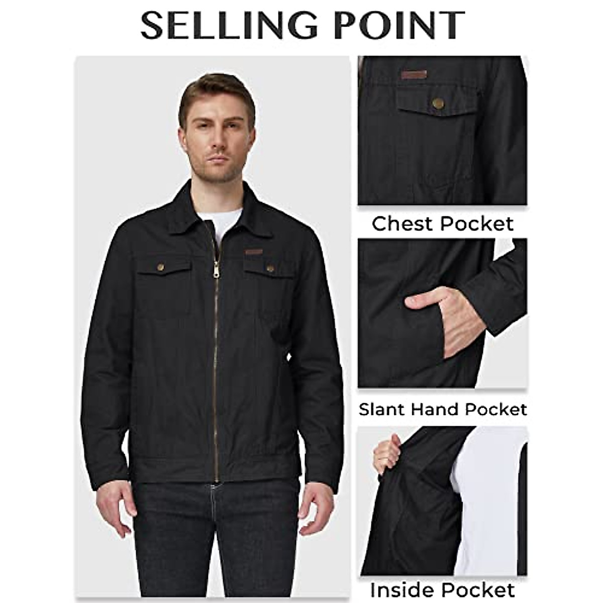 WenVen Men's Casual Cotton Jacket Canvas Military Field Jacket (B-Black,M)