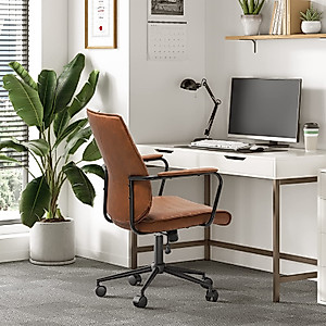 Brown Leather Office Chair, Ergonomic Mid-Back Executive Conference Task Chair, Ribbed Height Adjustable Swivel Rolling Chair for Home Office (Brown)