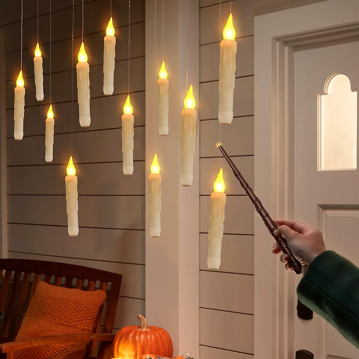 Halloween Decorations - 12Pcs Floating Candles with Wand - Flickering Warm Light Flameless Hanging Candles Set Decor for Indoor Home Bedroom