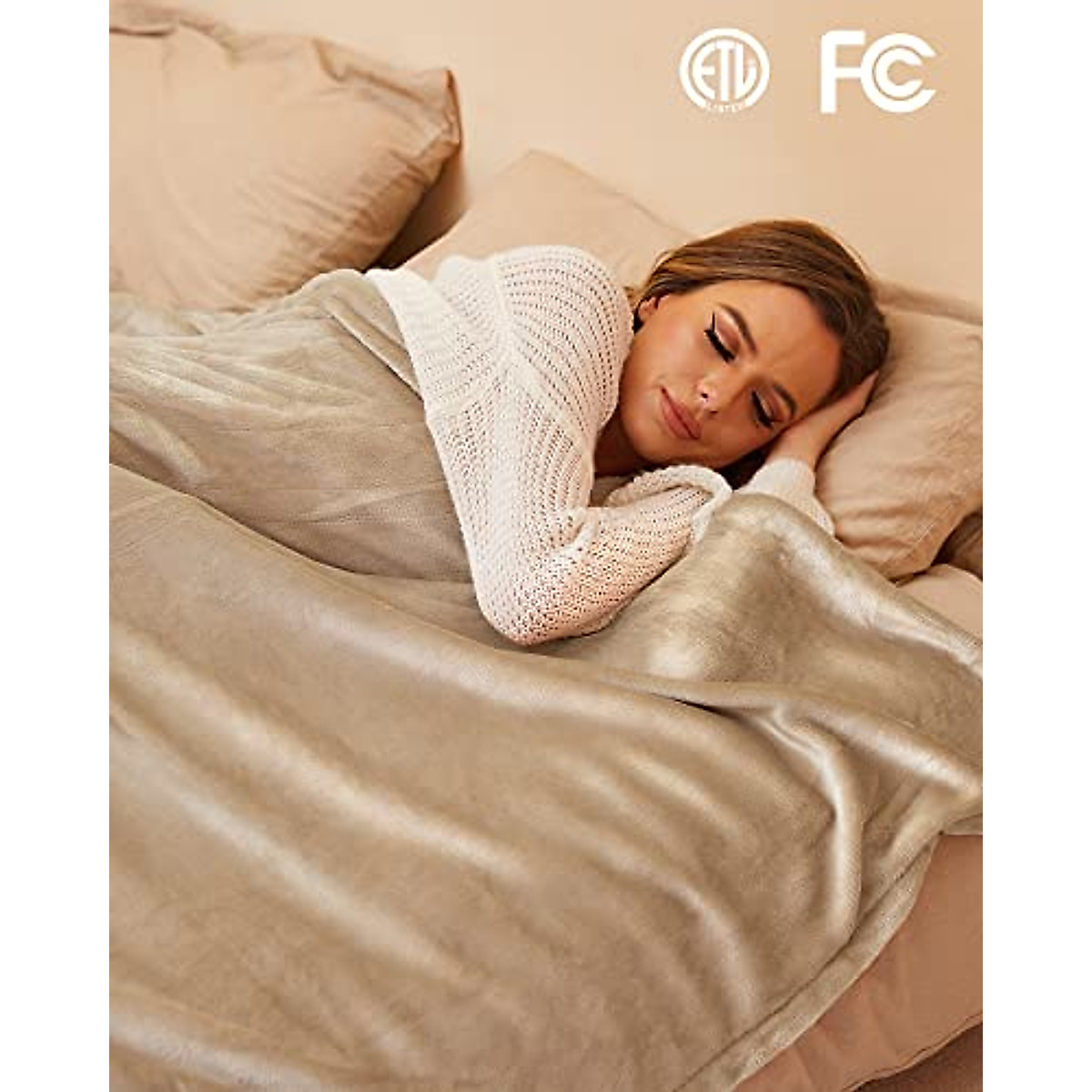 Heated Blanket 62 x 84 Inches Double Sided Extremely Soft Flannel Electric Blanket Twin Size Machine Washable Fast Heating with 4 Heating Levels & 10 Hours Auto Off, Home Office Use, Light Brown