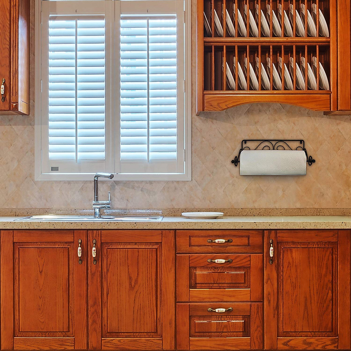 Blue Donuts Farmhouse Paper Towel Holder Wall Mount - Easy One-Handed Tear Kitchen Paper Towel Dispenser, Under Cabinet Paper Towel Holder, Black